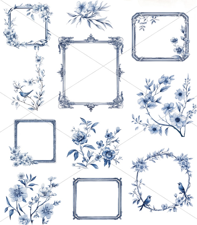 50 Chinoiserie Frames Clipart, Blue Chinoiserie Watercolor Clipart ...