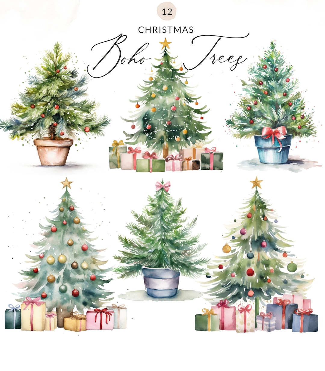 12 Modern Christmas Tree Clipart, Boho Watercolor Christmas Tree ...