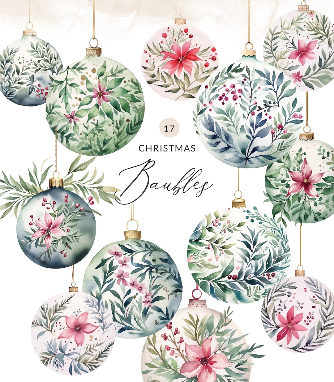 17 Watercolor Christmas Bauble Clipart, Watercolor Christmas Ornament ...