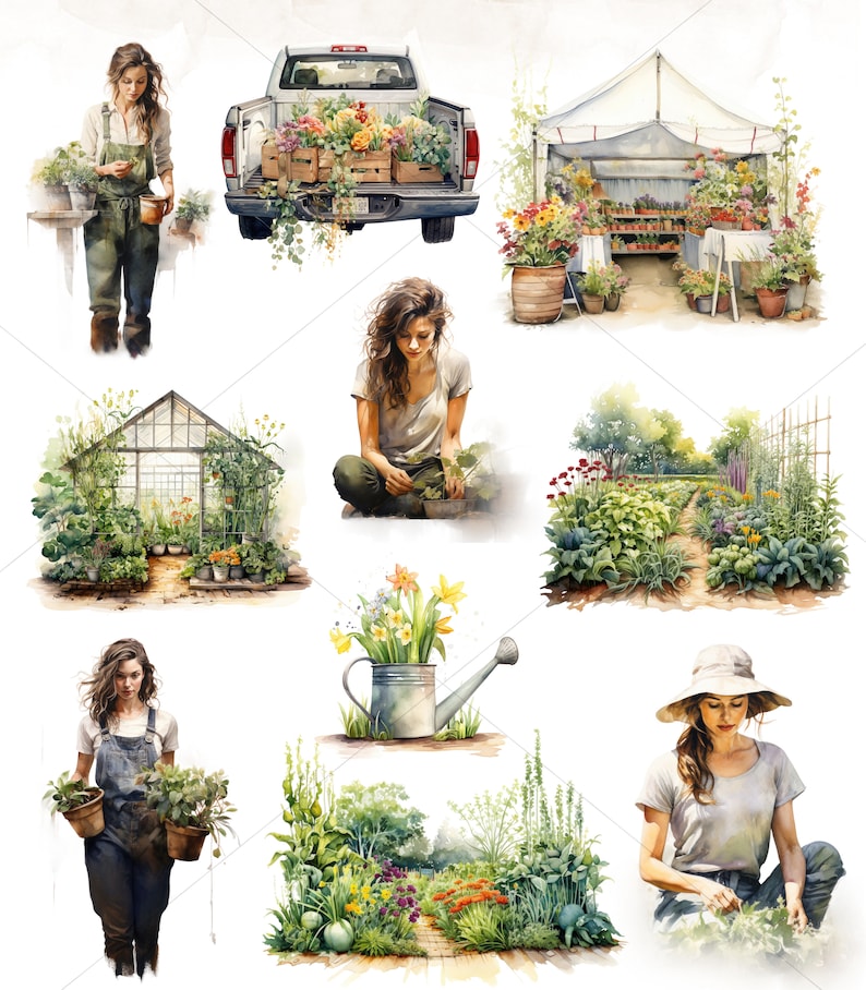 40 Watercolor Gardening Clipart PNG Images, Flower Farmer Clipart ...
