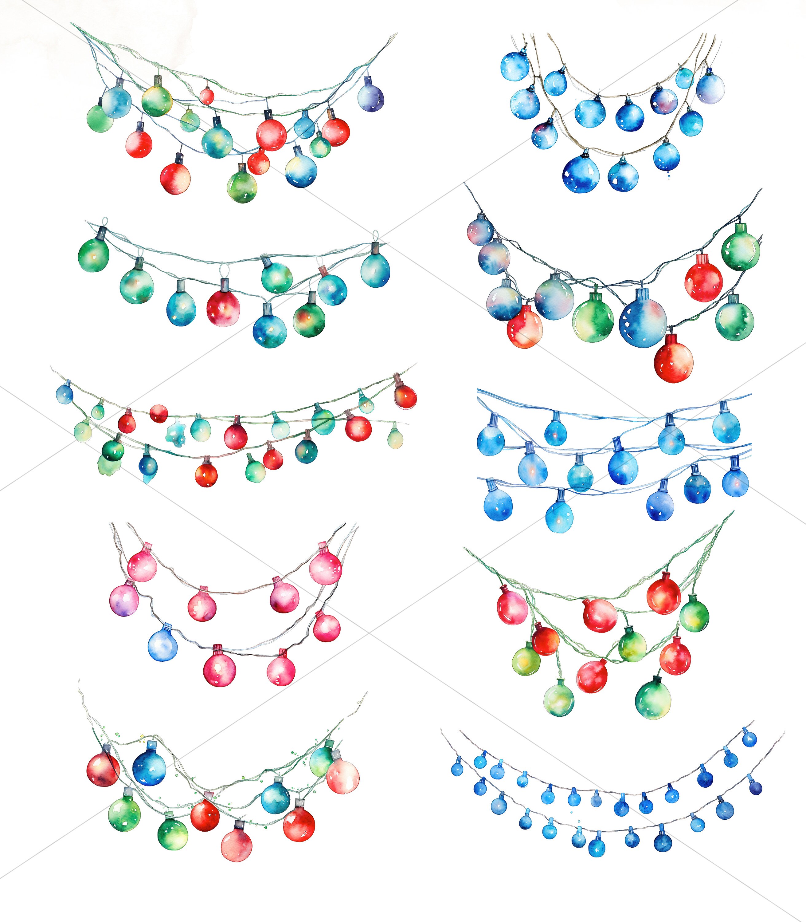 Christmas String Lights Clipart, Watercolor Christmas Lights Clipart ...