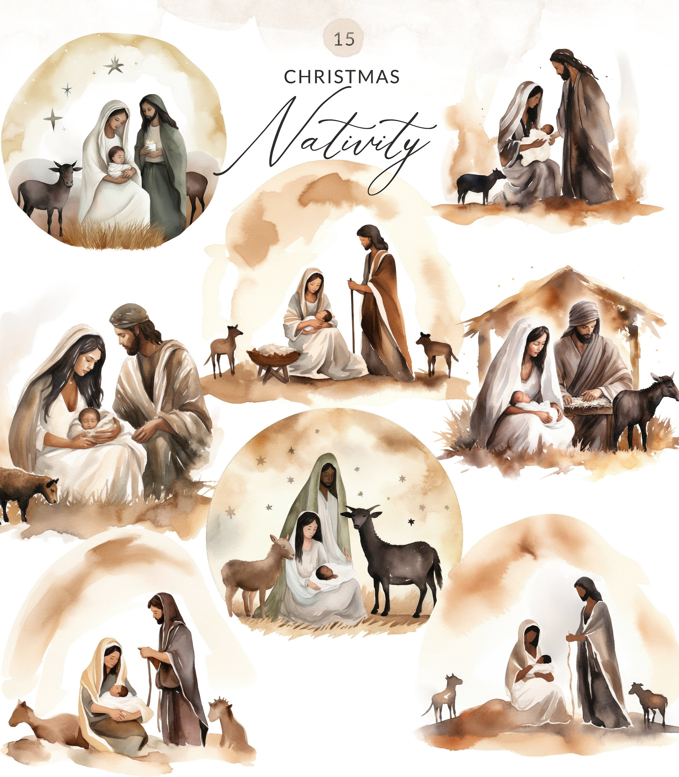 Minimalist Nativity Clipart, Watercolor Nativity Scene PNG, Christmas ...
