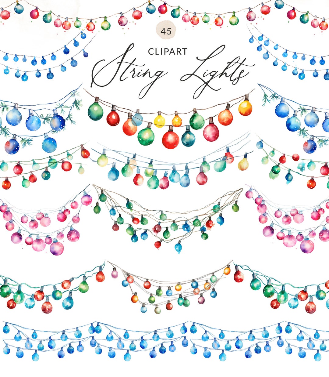 Christmas String Lights Clipart, Watercolor Christmas Lights Clipart ...