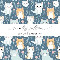 Cute Watercolor Cat Seamless Pattern, Pink Bow Kitty Digital Paper ...