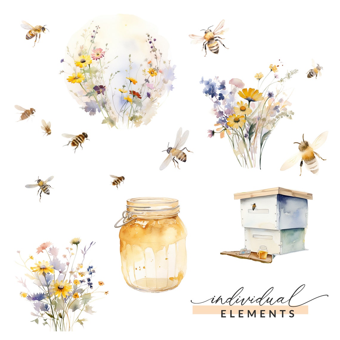 50 Honey Bee Clip Art, Watercolor Bee Clipart Set, Honey Clipart, Bee ...