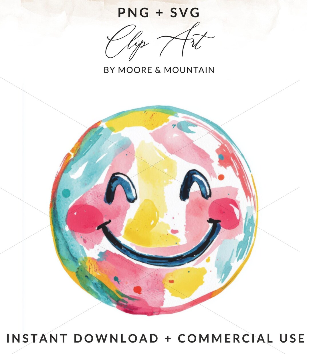 Preppy Watercolor Smiley Face Digital Art, Happy Emoji PNG SVG ...