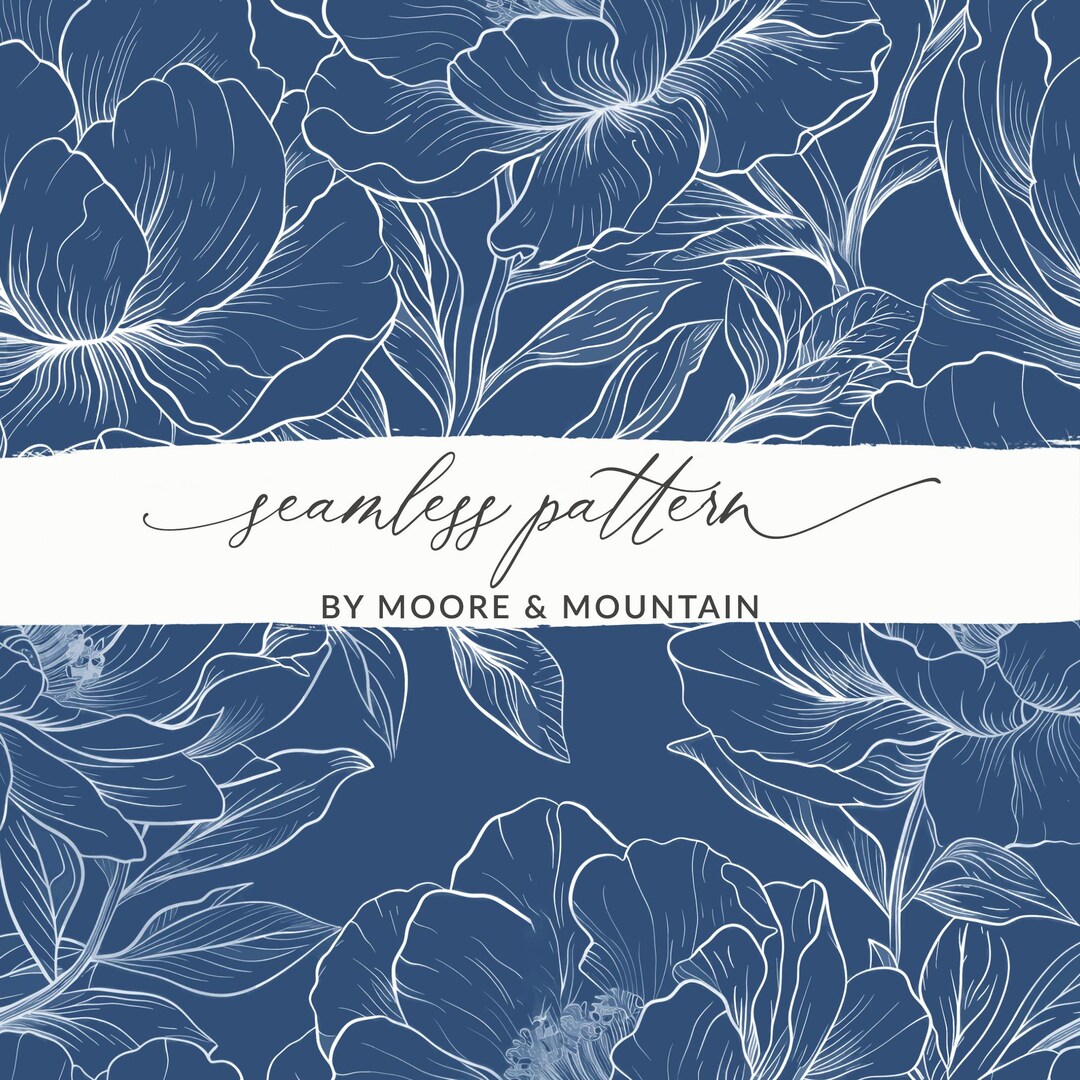 Dark Navy Blue Line Art Peony Floral Seamless Pattern, Flower Digital ...
