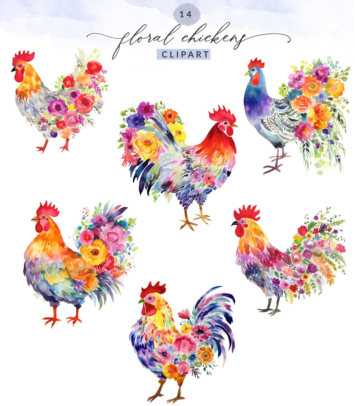 Watercolor Chicken Clipart, Floral Chicken Clipart, Watercolor Rooster ...