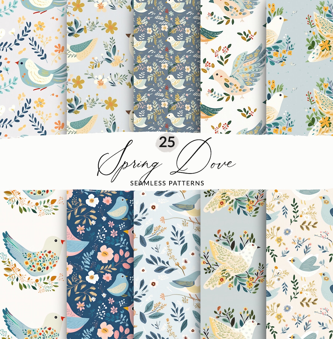 25 Spring Birds Seamless Patterns, Folk Art Birds Seamless Backgrounds Doves Seamless Dove ...