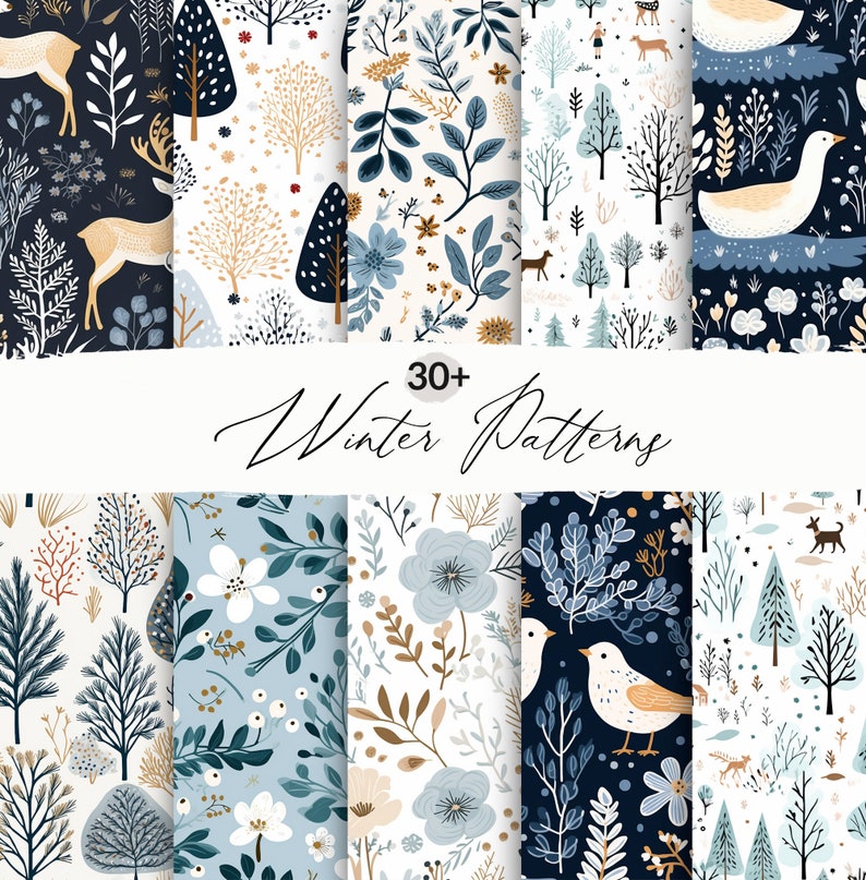 32 Seamless Cute Winter Animals Seamless Backgrounds, Blue Winter ...