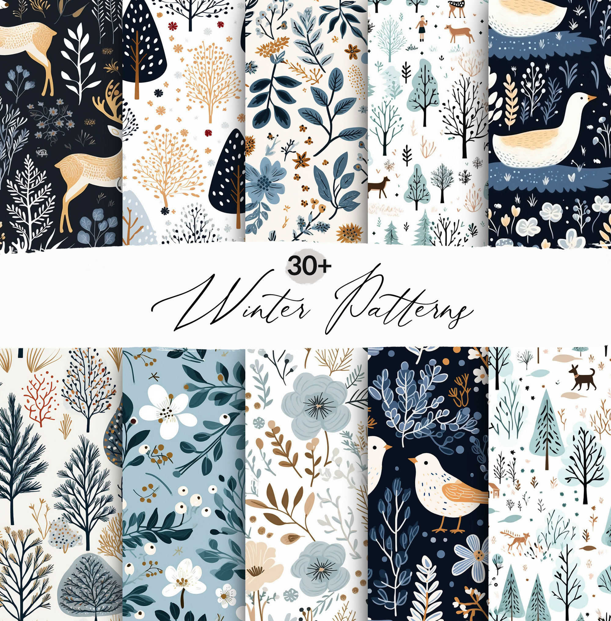 32 Seamless Cute Winter Animals Seamless Backgrounds, Blue Winter ...