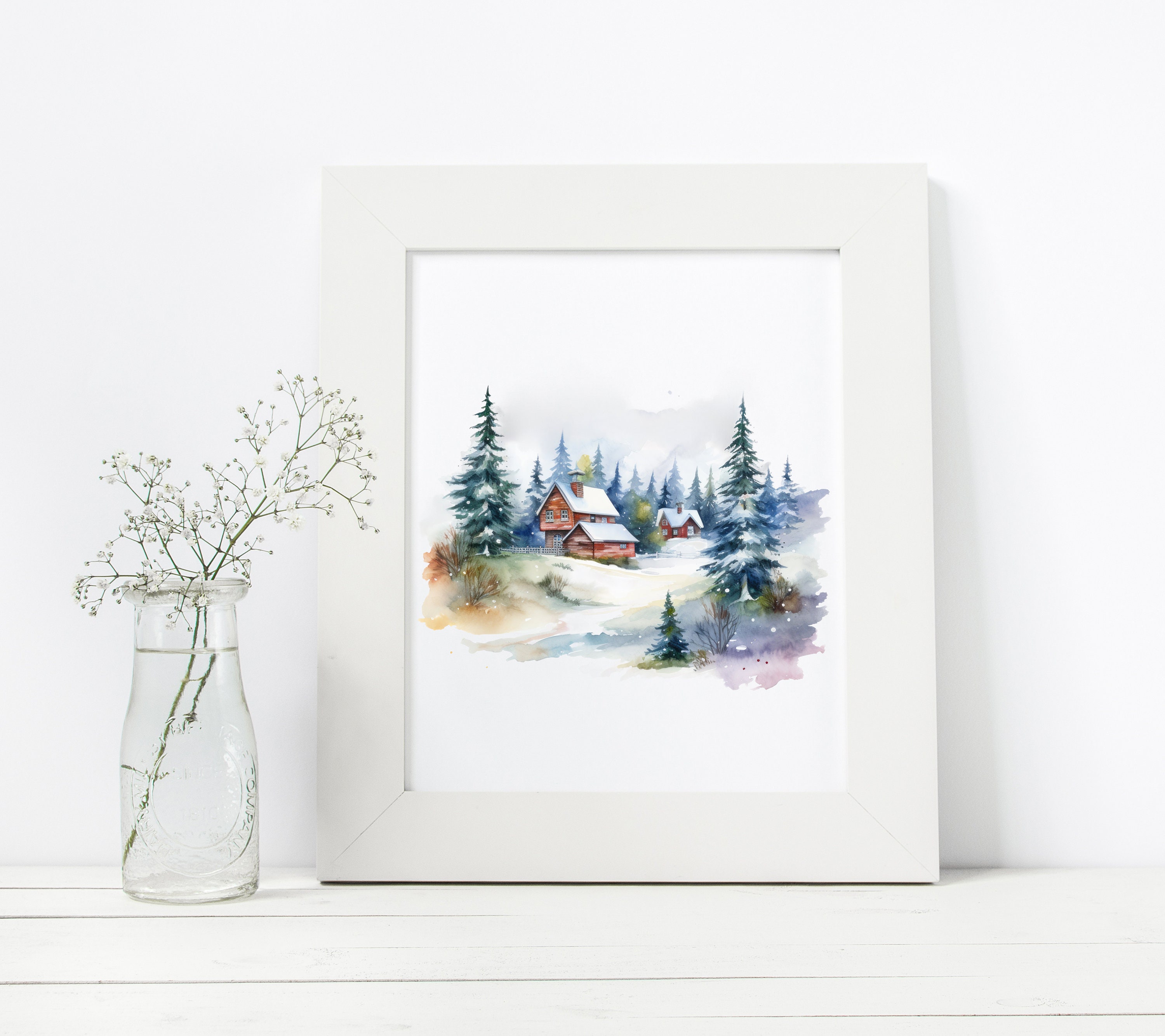 Winter Cabin Clipart, Watercolor Winter Village Clipart, Winter Town ...