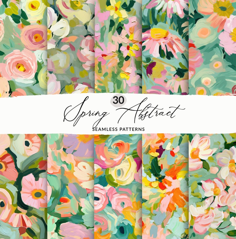 30 Painted Blooms Spring Pattern Set, Seamless Painted Spring Floral ...