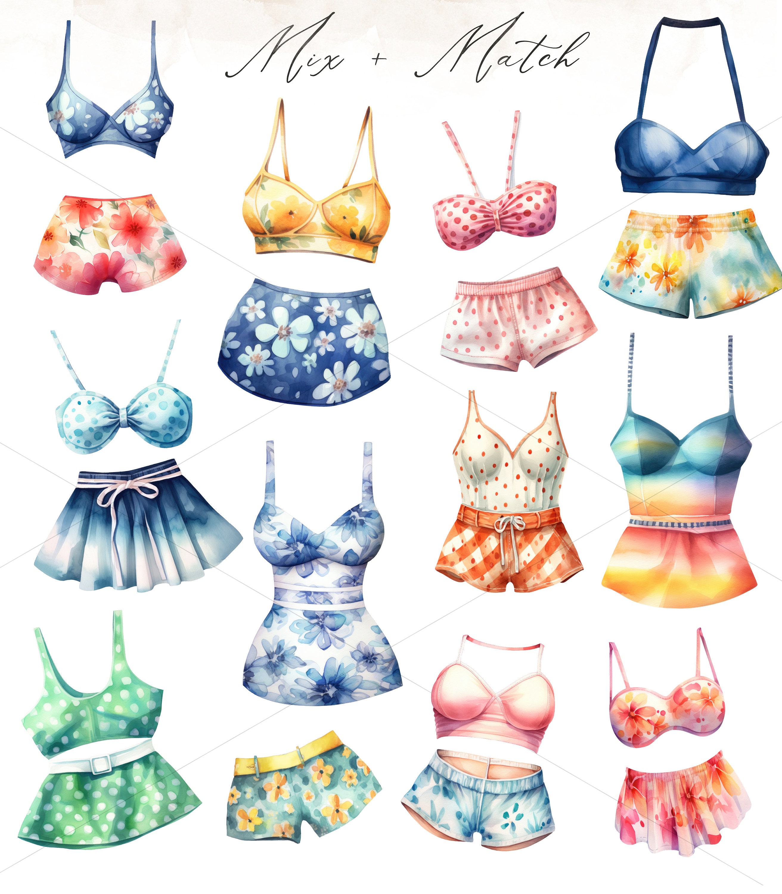 100 Watercolor Bikini Clipart Swimsuits, Retro Swimsuit Clip Art ...