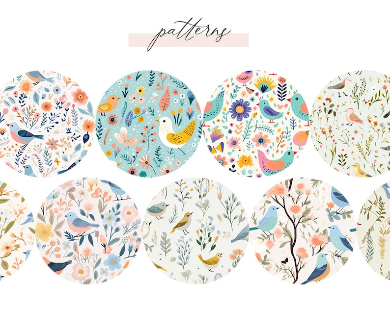 Seamless Birds Patterns Folk Art Bird Backgrounds, Cute Birds Digital ...