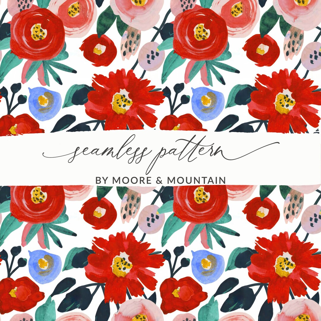 Bright Red Ditsy Floral Seamless Pattern, Painted Red Watercolor Floral ...