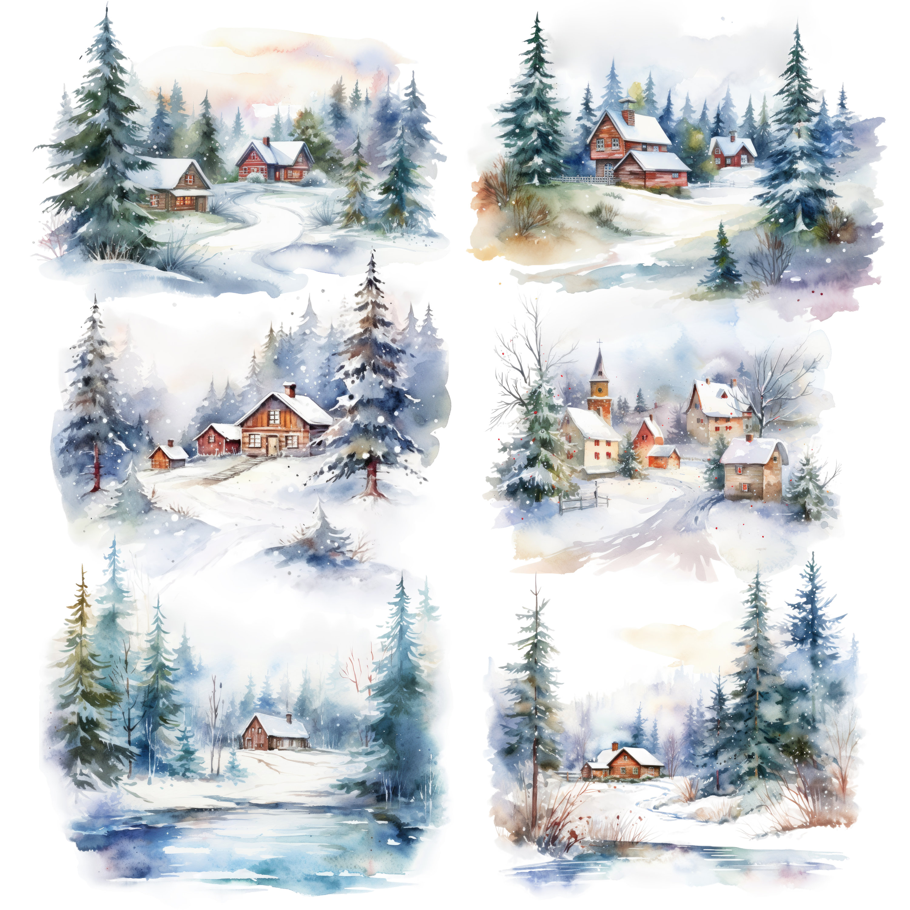 Winter Cabin Clipart, Watercolor Winter Village Clipart, Winter Town ...