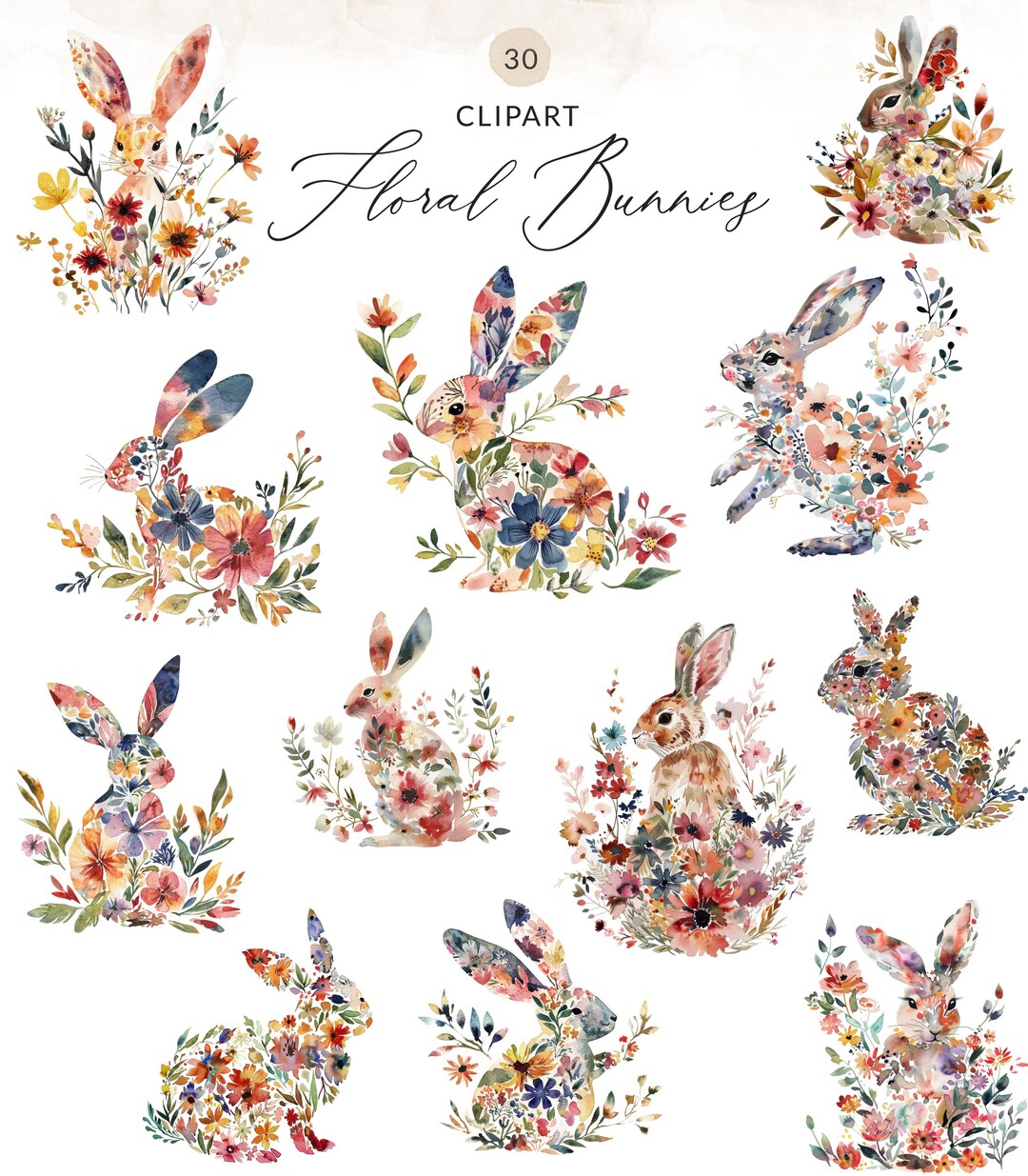 Watercolor Bunny Clipart Set, Painted Spring Bunny Clip Art PNG Images ...