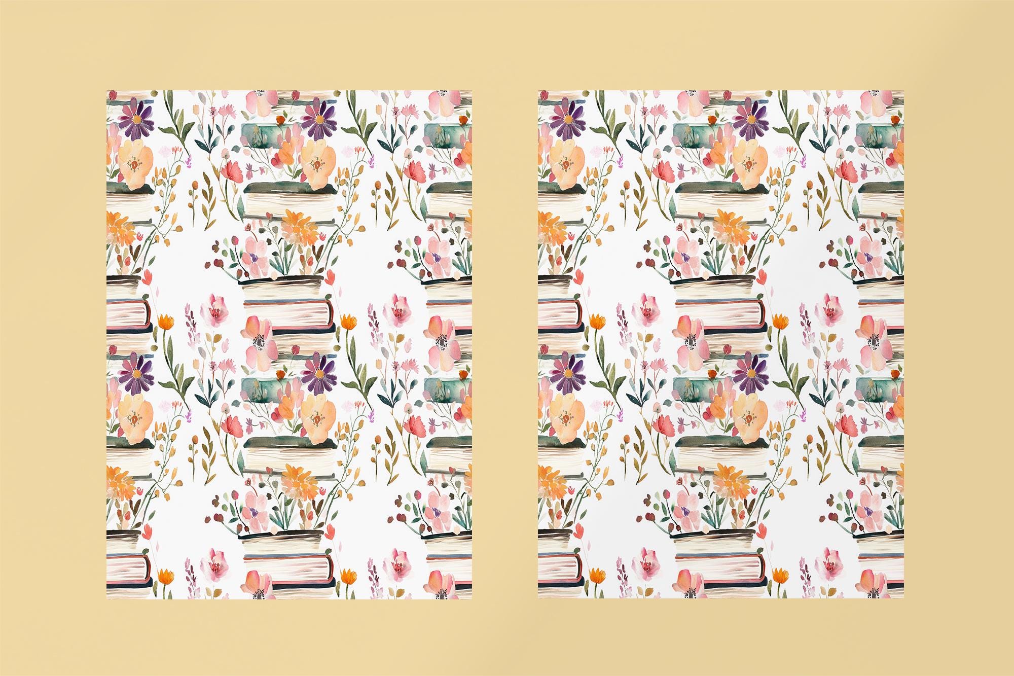 Seamless Books and Flowers Background Pattern PNG Repeating Bookstack ...