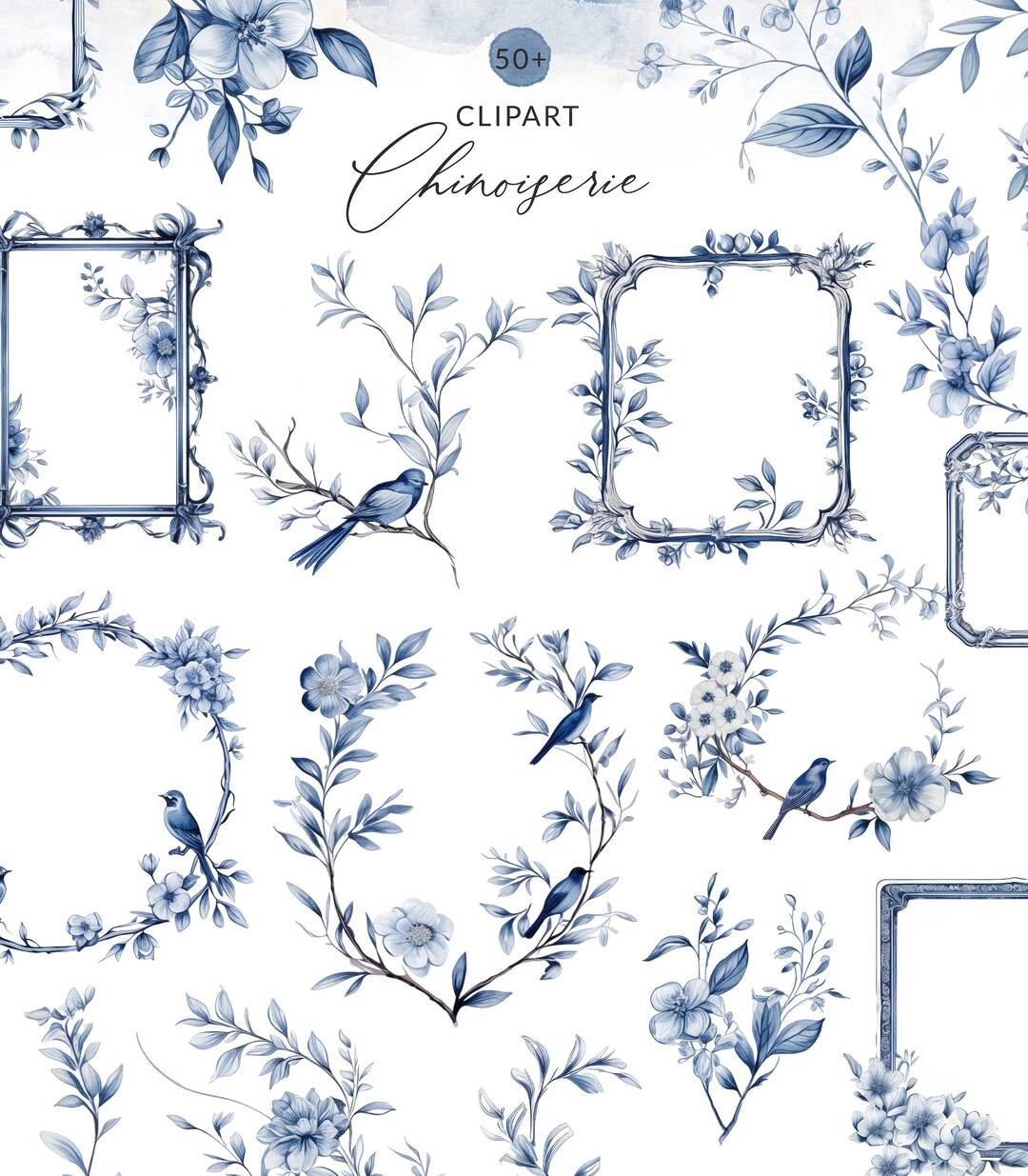 50 Chinoiserie Frames Clipart, Blue Chinoiserie Watercolor Clipart Chinoiserie Vintage Frames ...