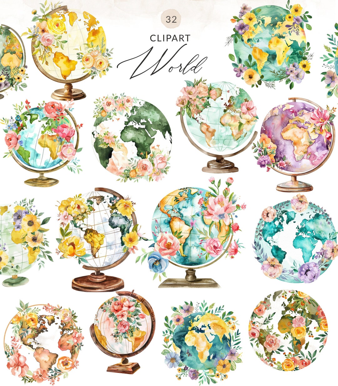 Watercolor Globe Clipart, Floral Globes Clipart, World Clip Art ...