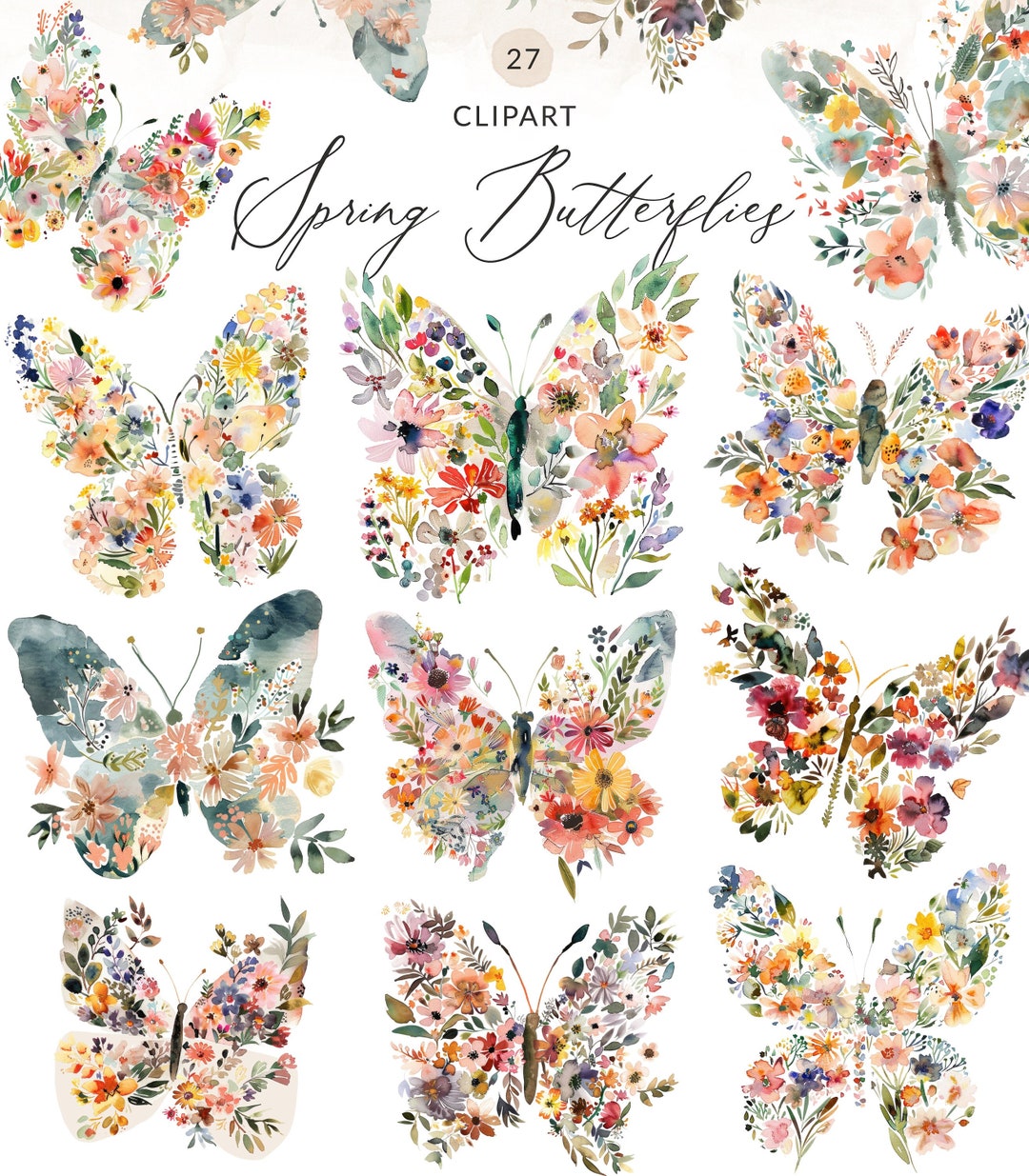 Painted Butterflies Clipart Spring, Boho Butterfly Clipart, Floral ...