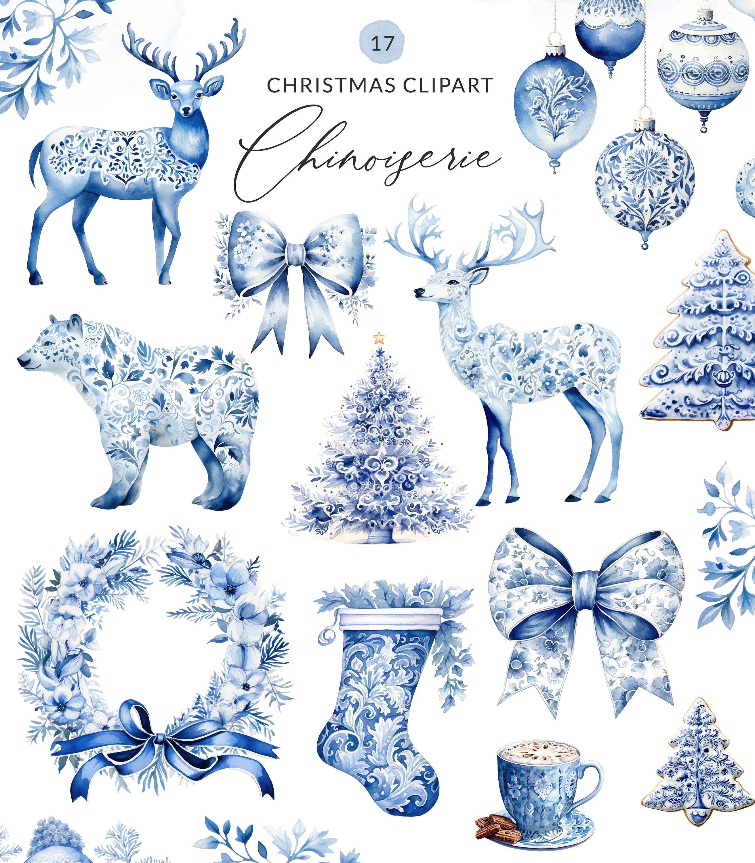 Blue Watercolor Chinoiserie Christmas Clip Art Collection, Blue ...