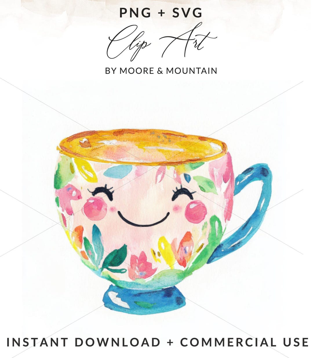 Preppy Smiley Teacup Clipart PNG SVG, Whimsical Cartoon Digital Art ...