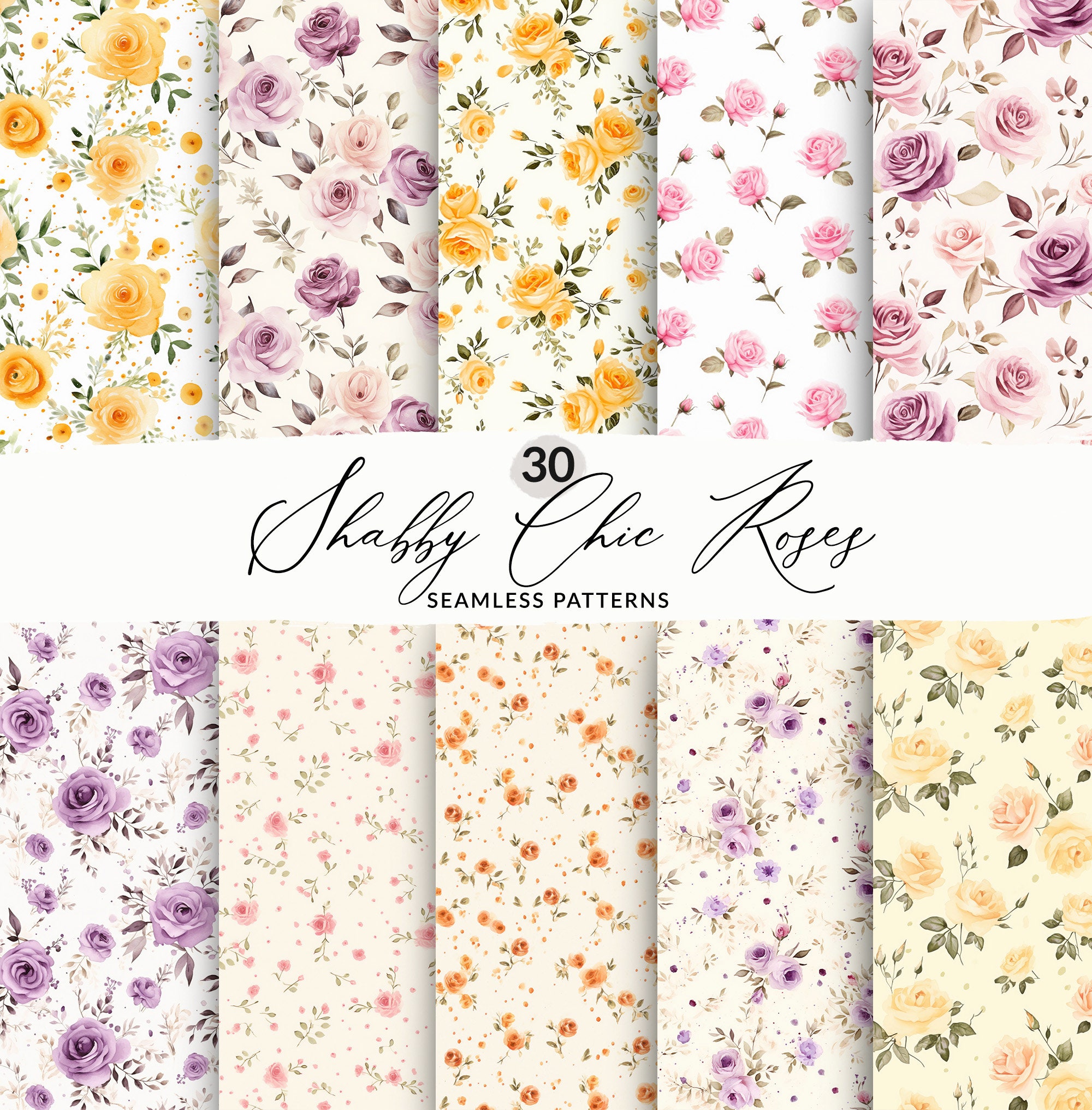 30 Watercolor Rose Patterns, Shabby Chic Roses Seamless Backgrounds ...