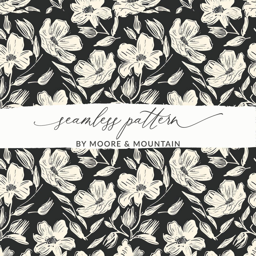 Black and White Sketched Floral Pattern Seamless White Floral Background Modern Flowers Pattern ...