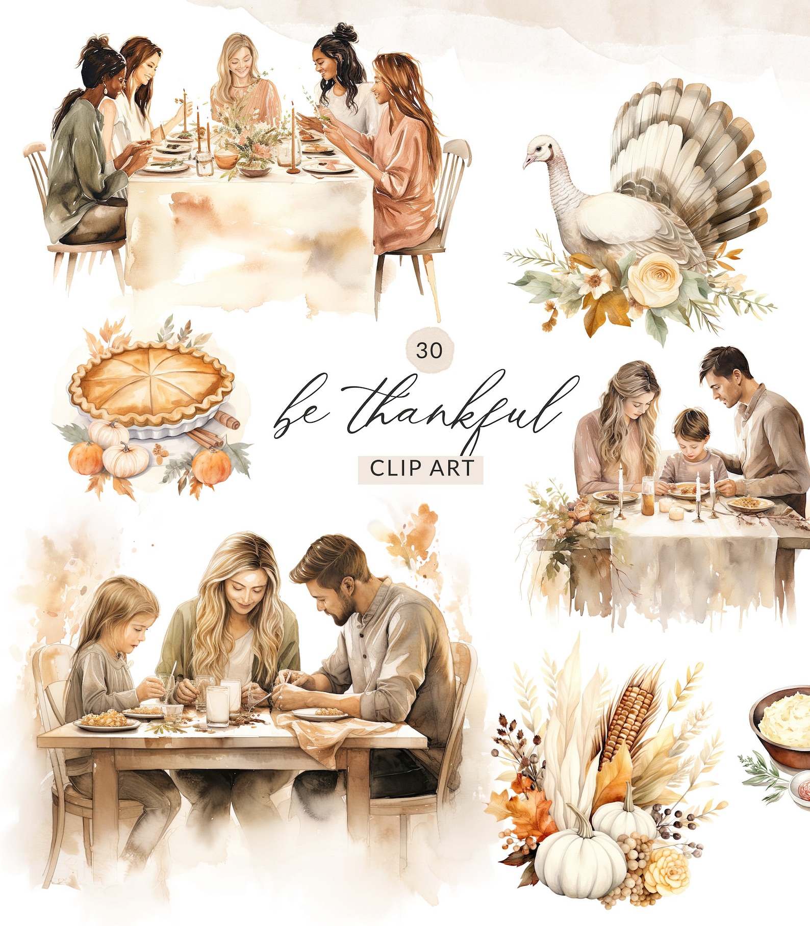 Watercolor Thankful Clipart Watercolor Feast Clipart - Etsy