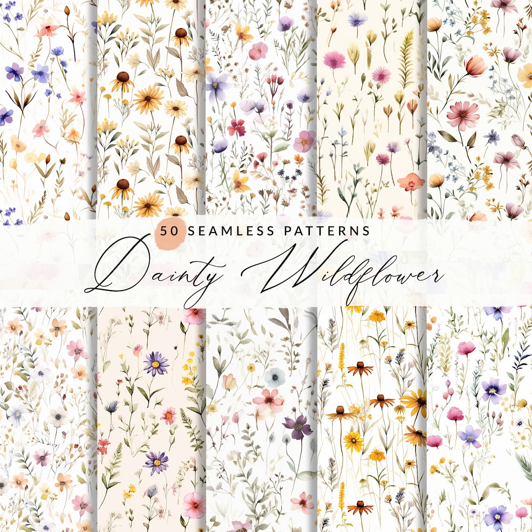 50 Dainty Wildflower Patterns, Wildflower Seamless Patterns Set ...