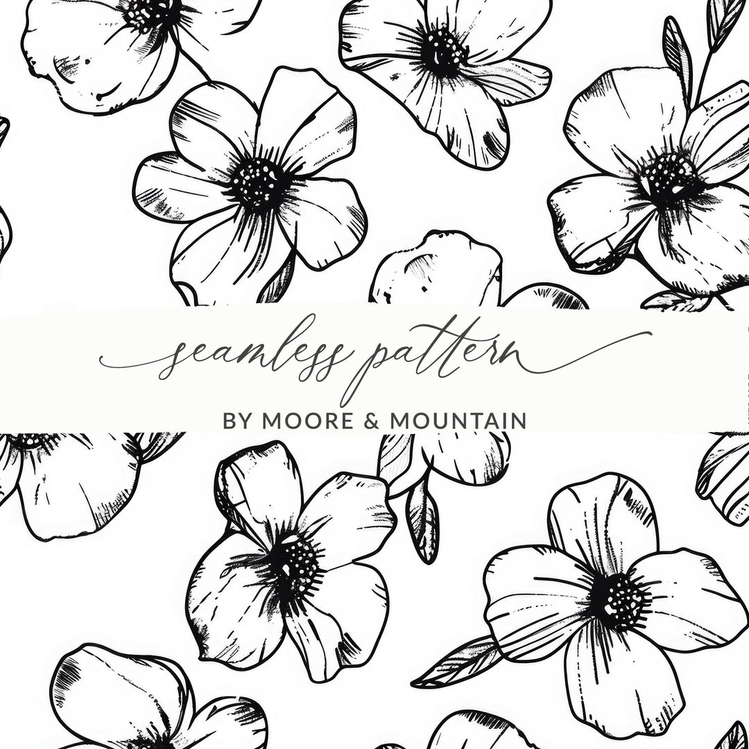 Seamless Line Art Flowers Pattern, Handdrawn Black Flower Pattern, Line ...