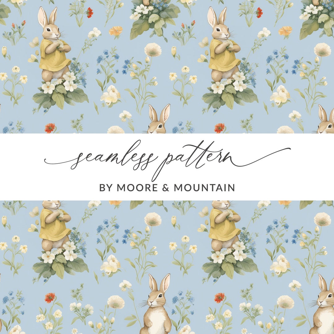 Light Blue Rabbit Baby Shower Background, Vintage Rabbit Digital Paper, Seamless Pattern Baby ...