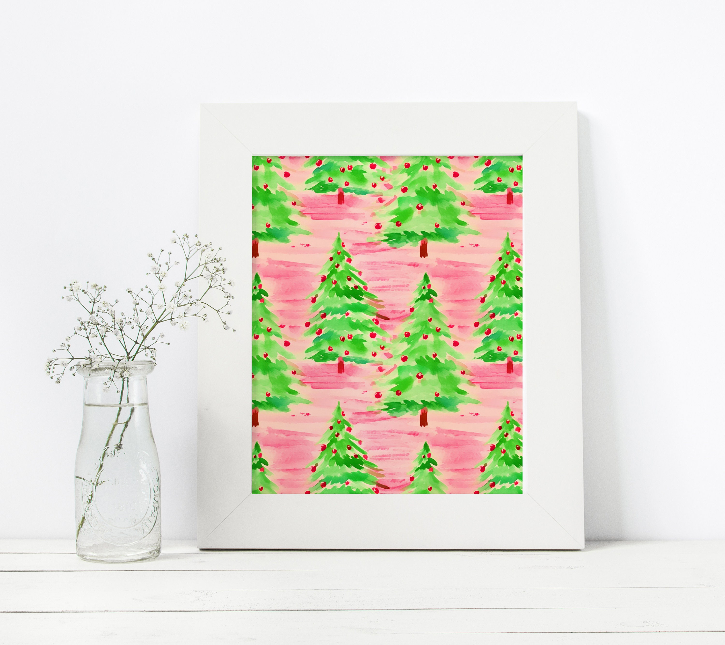 Watercolor Christmas Tree Preppy Pattern, Pink Christmas Tree Seamless ...