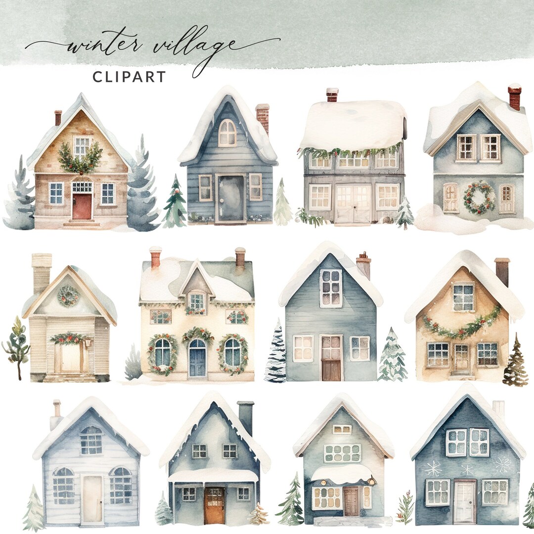 Christmas Village Clipart, Watercolor Winter Village Clipart, Village ...