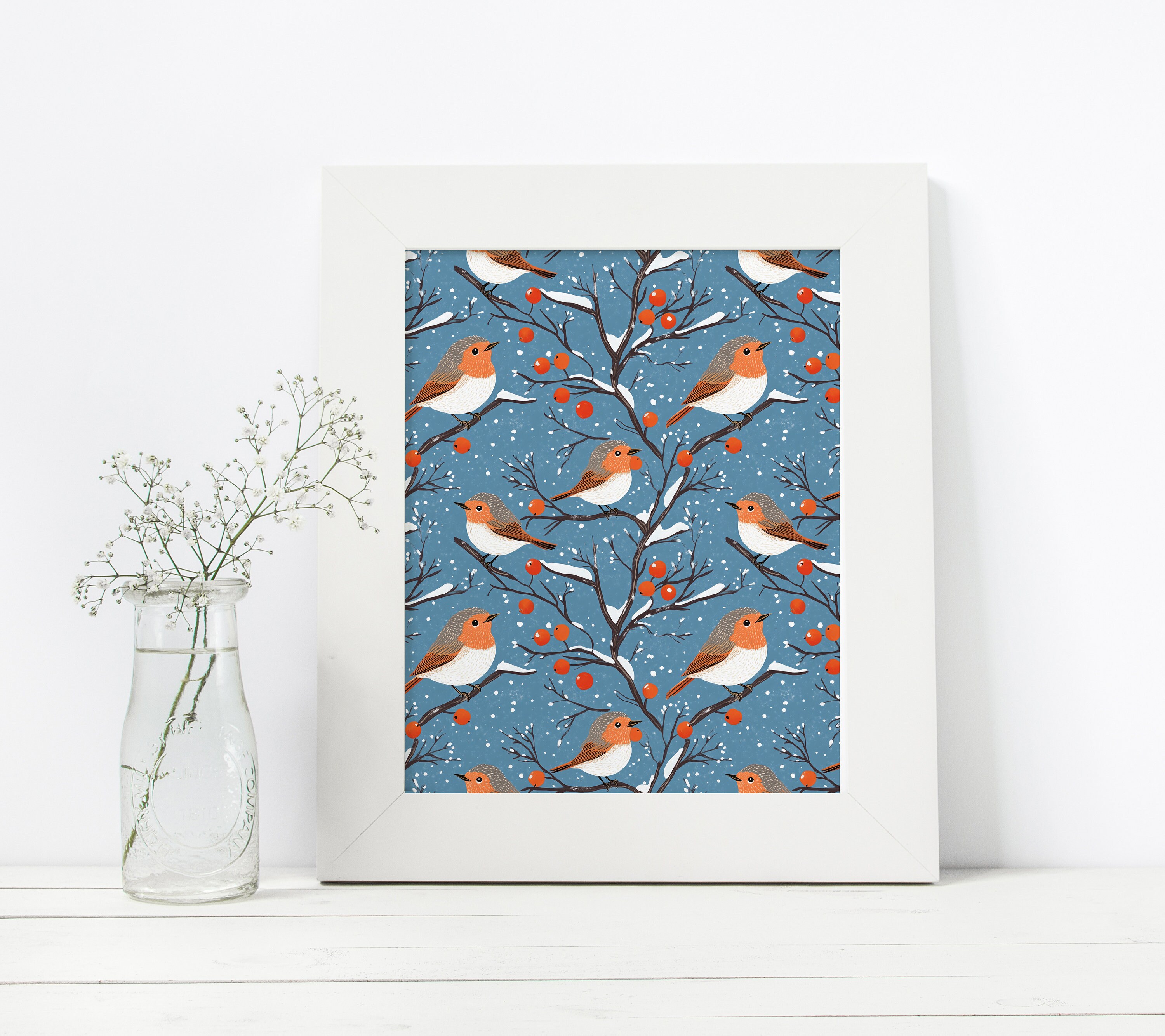 Robin Seamless Background Pattern Winter Birds on Branches Winter ...