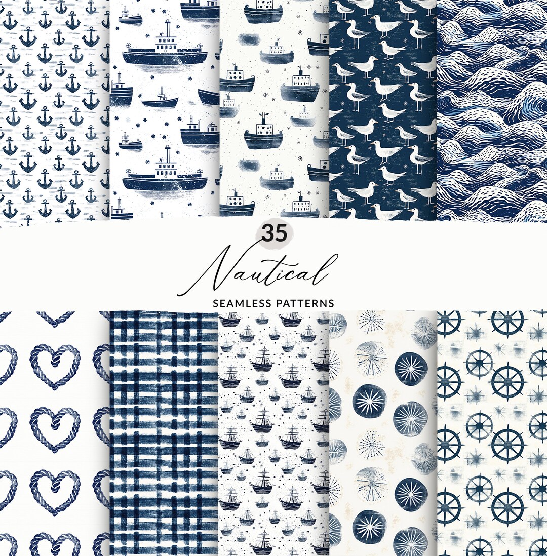 35 Seamless Nautical Backgrounds Set, Sailboat Seamless Patterns ...