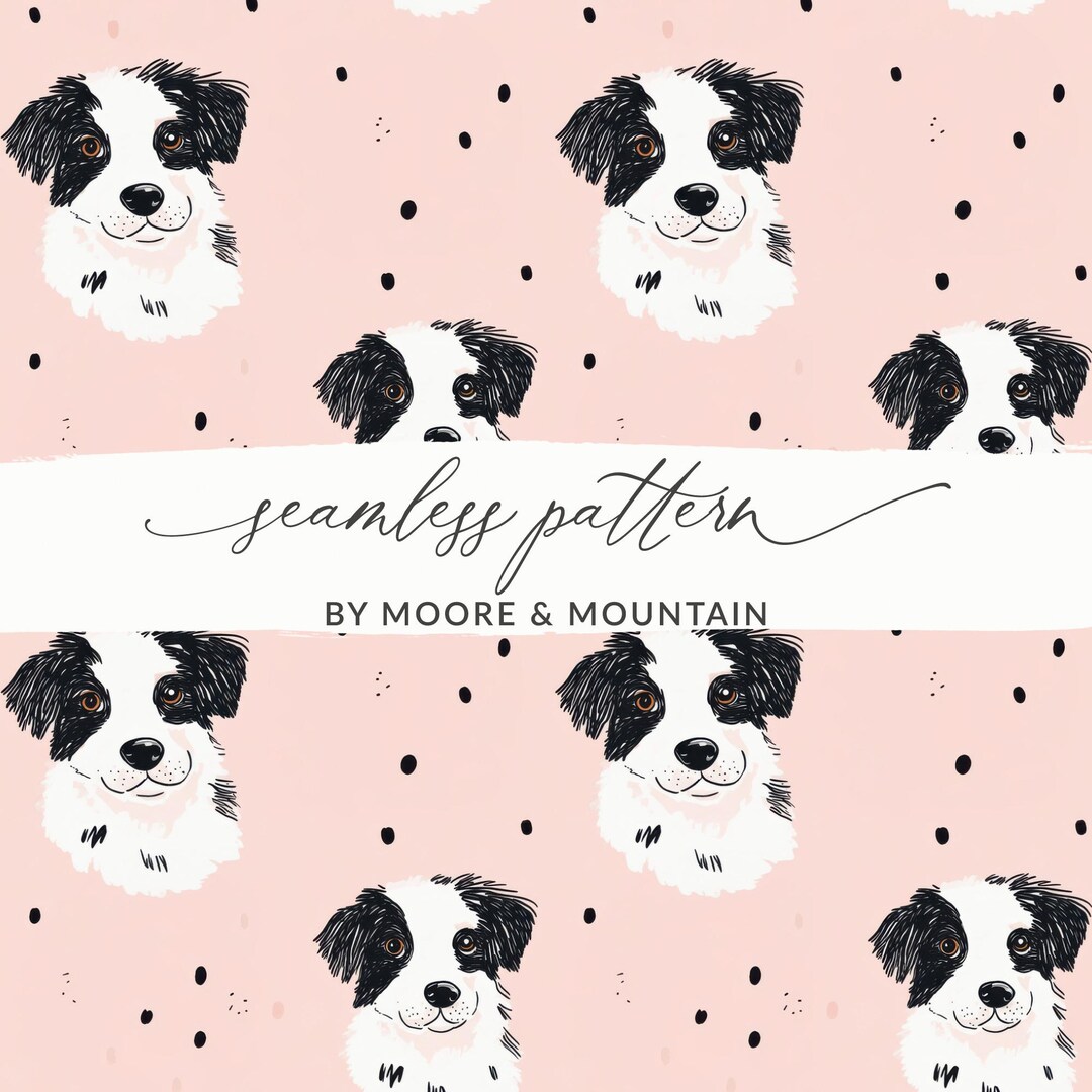 Border Collie Seamless Pattern, Dog Print Fabric, Pink Puppy Design ...