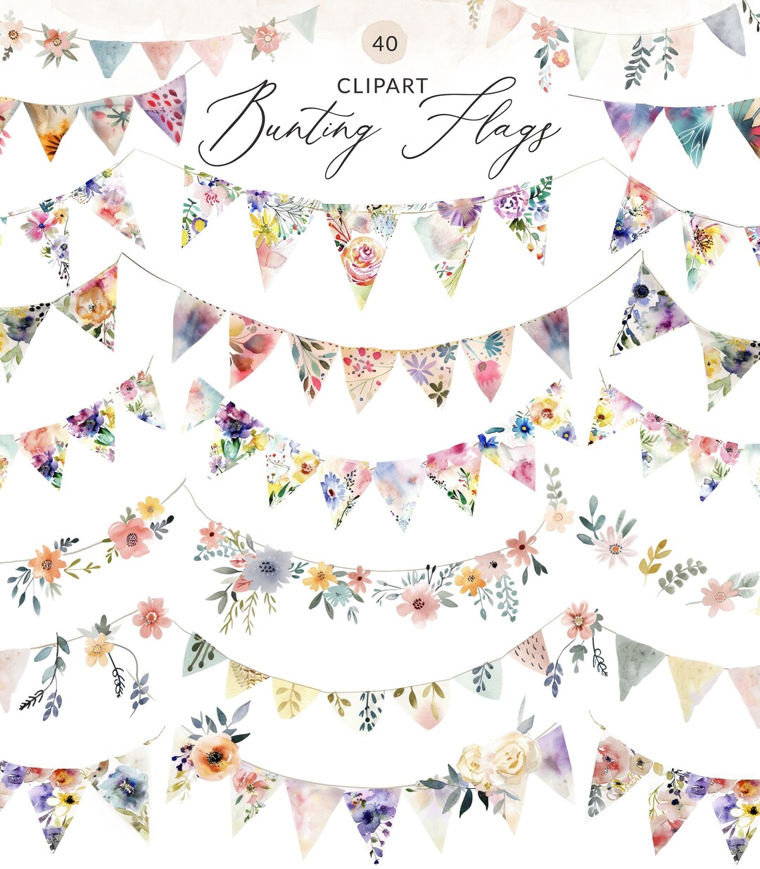 40 Watercolor Bunting Clipart, Cute Painted Bunting Flag Clip Art ...