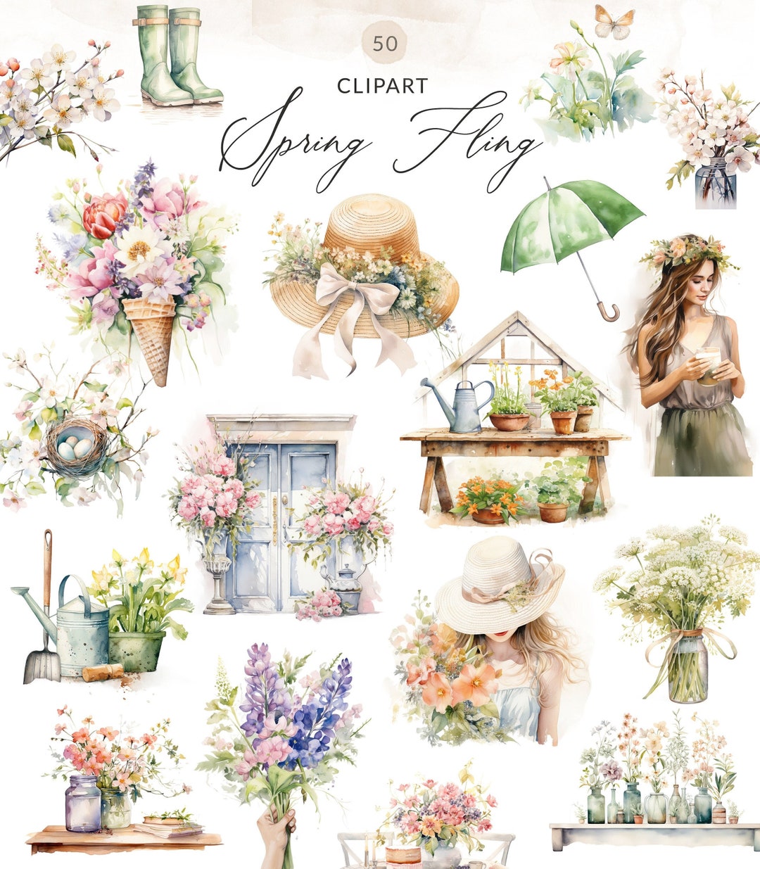 50 Spring Clipart Collection, Spring Watercolor Clipart Collection ...