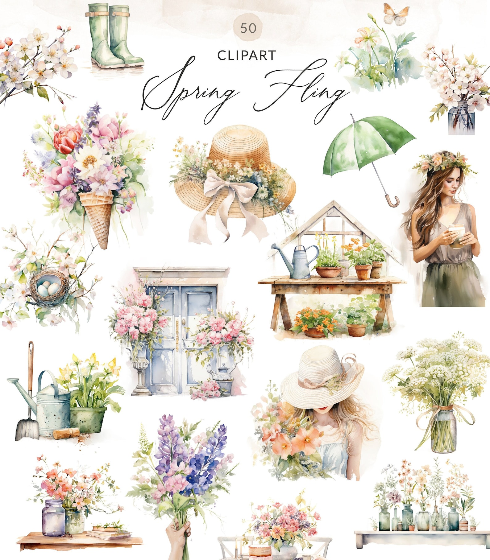 50 Spring Clipart Collection, Spring Watercolor Clipart Collection ...