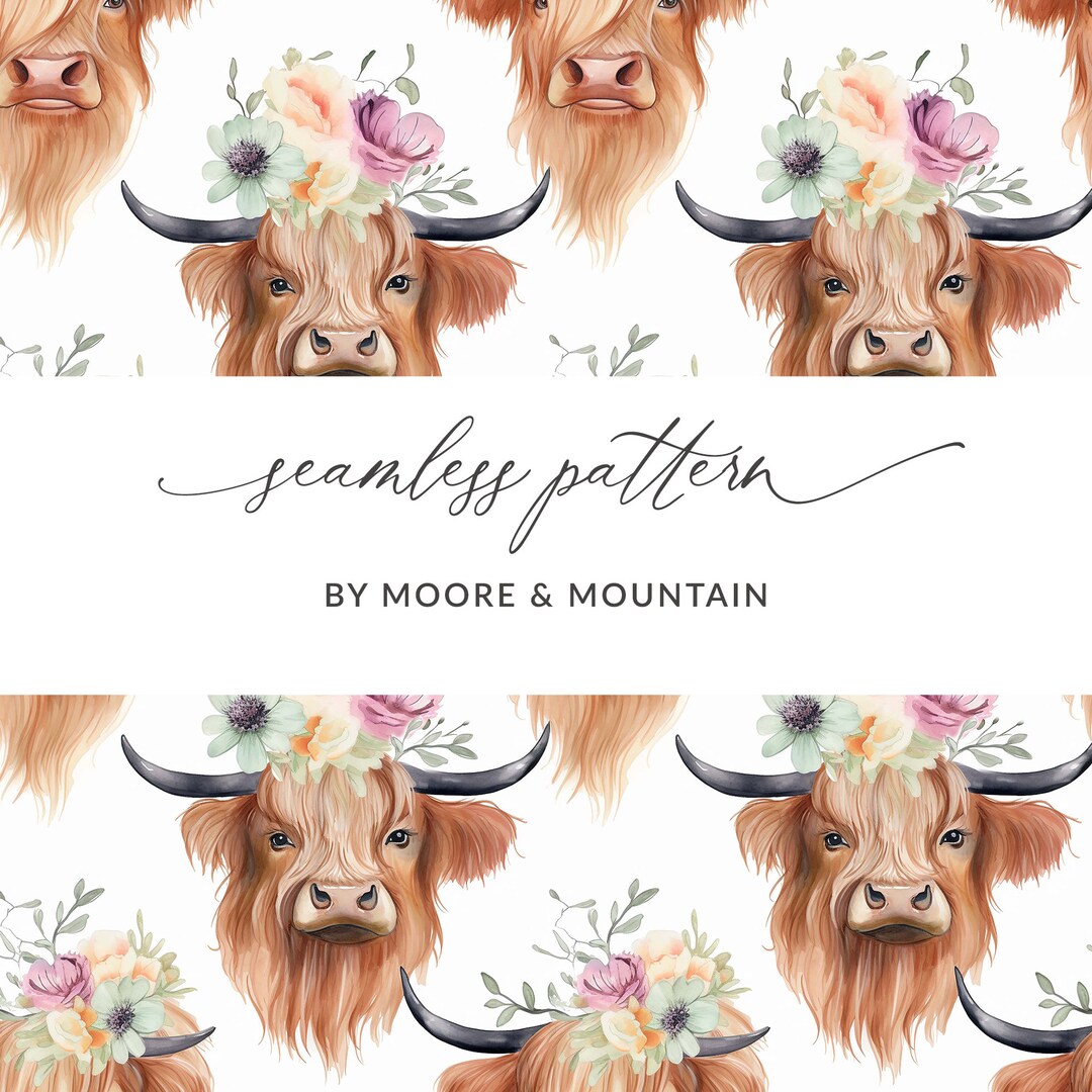 Seamless Highland Cow File, Boho Highland Cow Digital Paper, Seamless ...