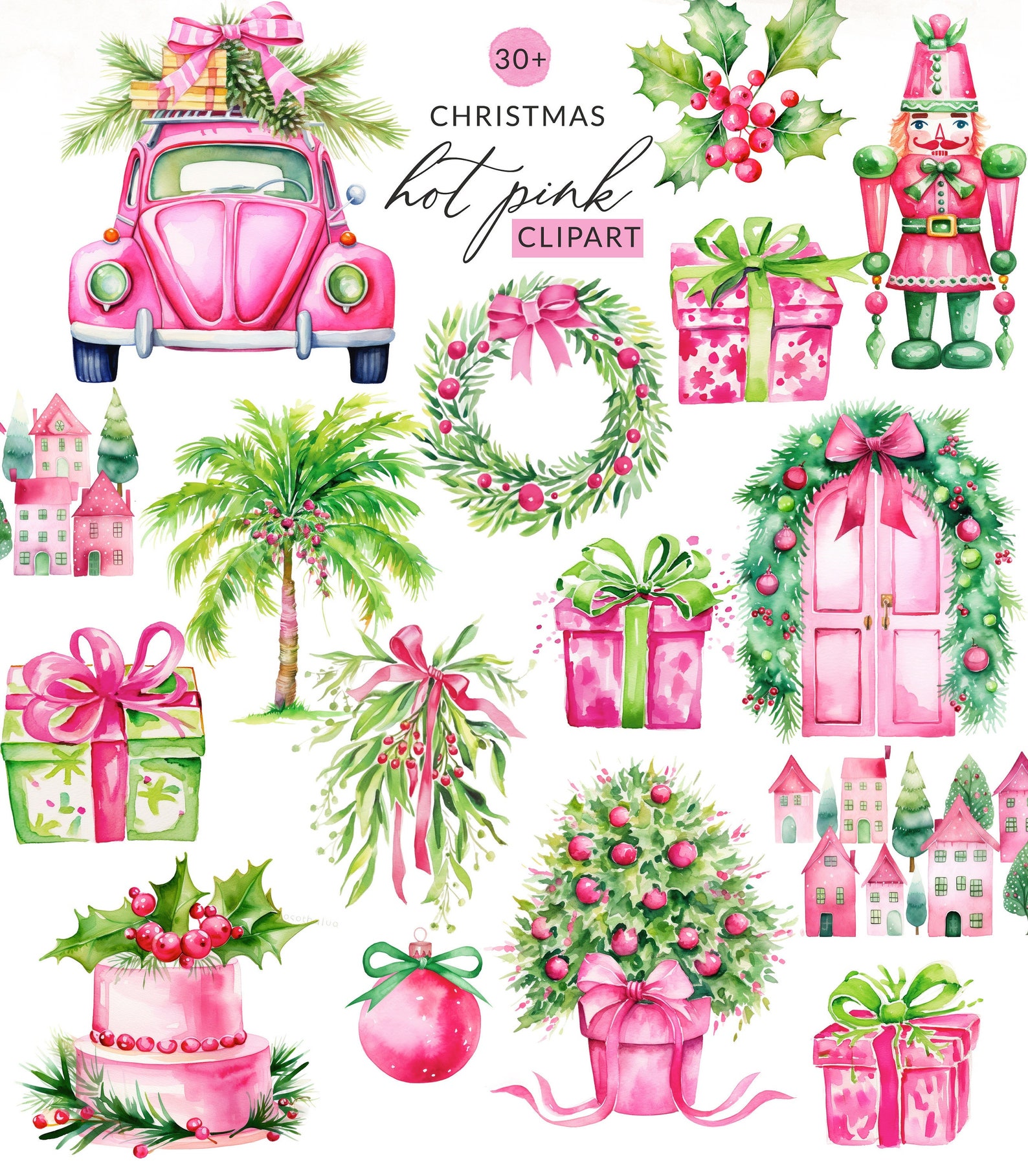 Hot Pink Christmas Clipart, Pink Watercolor Christmas Clipart, Pink ...