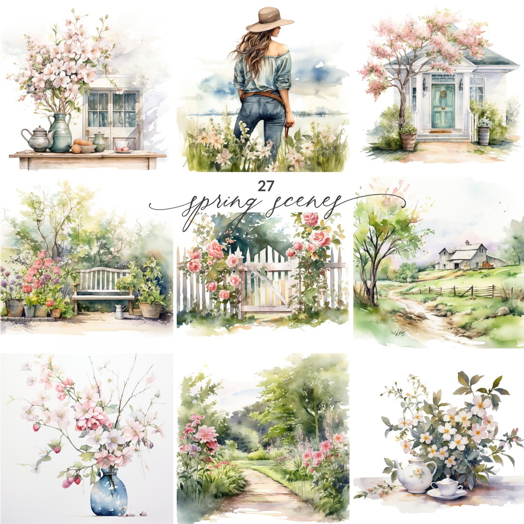 27 Watercolor Spring Garden Clipart, Spring Aesthetic Spring Flower ...
