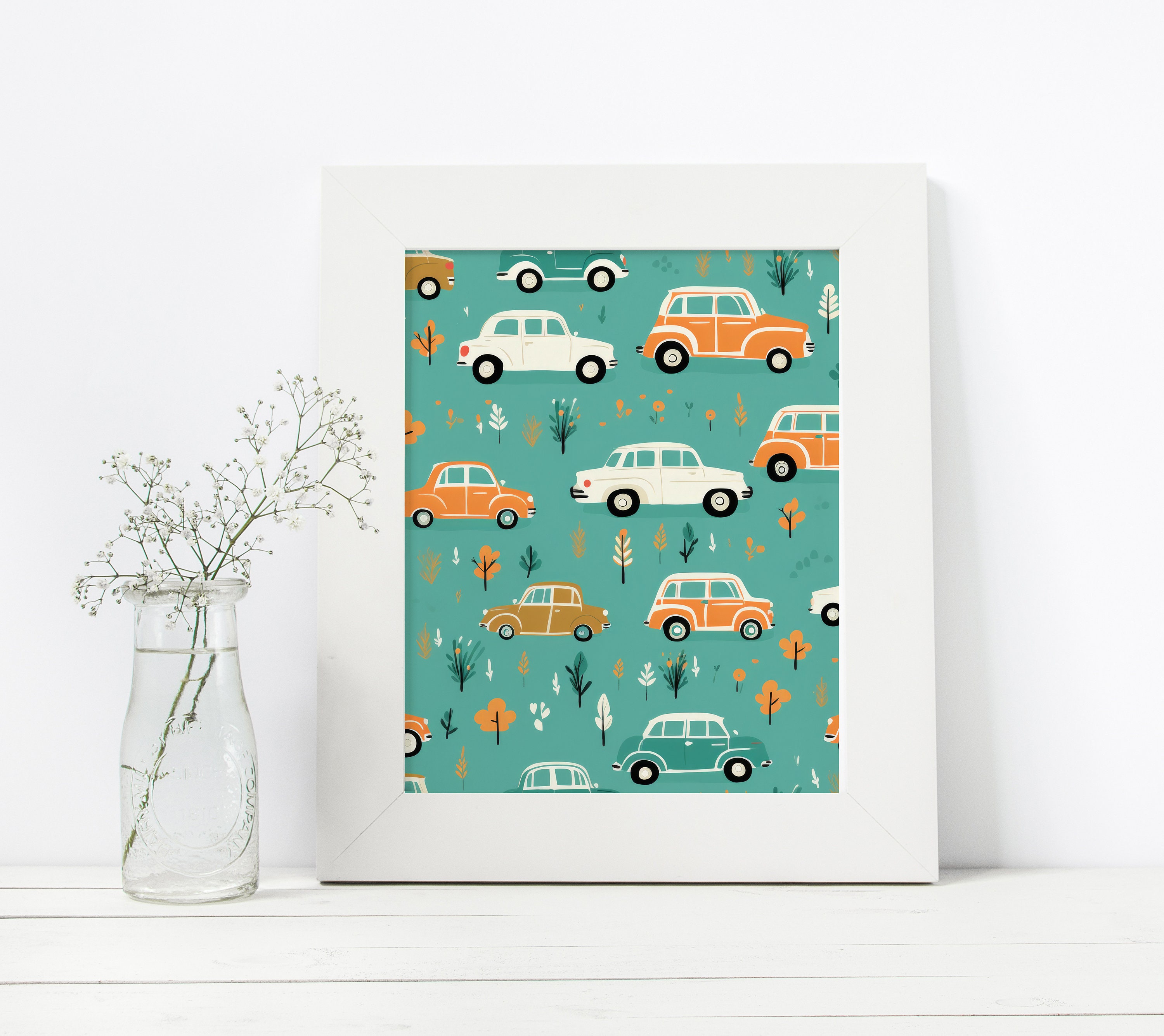 Teal Vintage Cars Seamless Background Pattern Handdrawn Cars ...