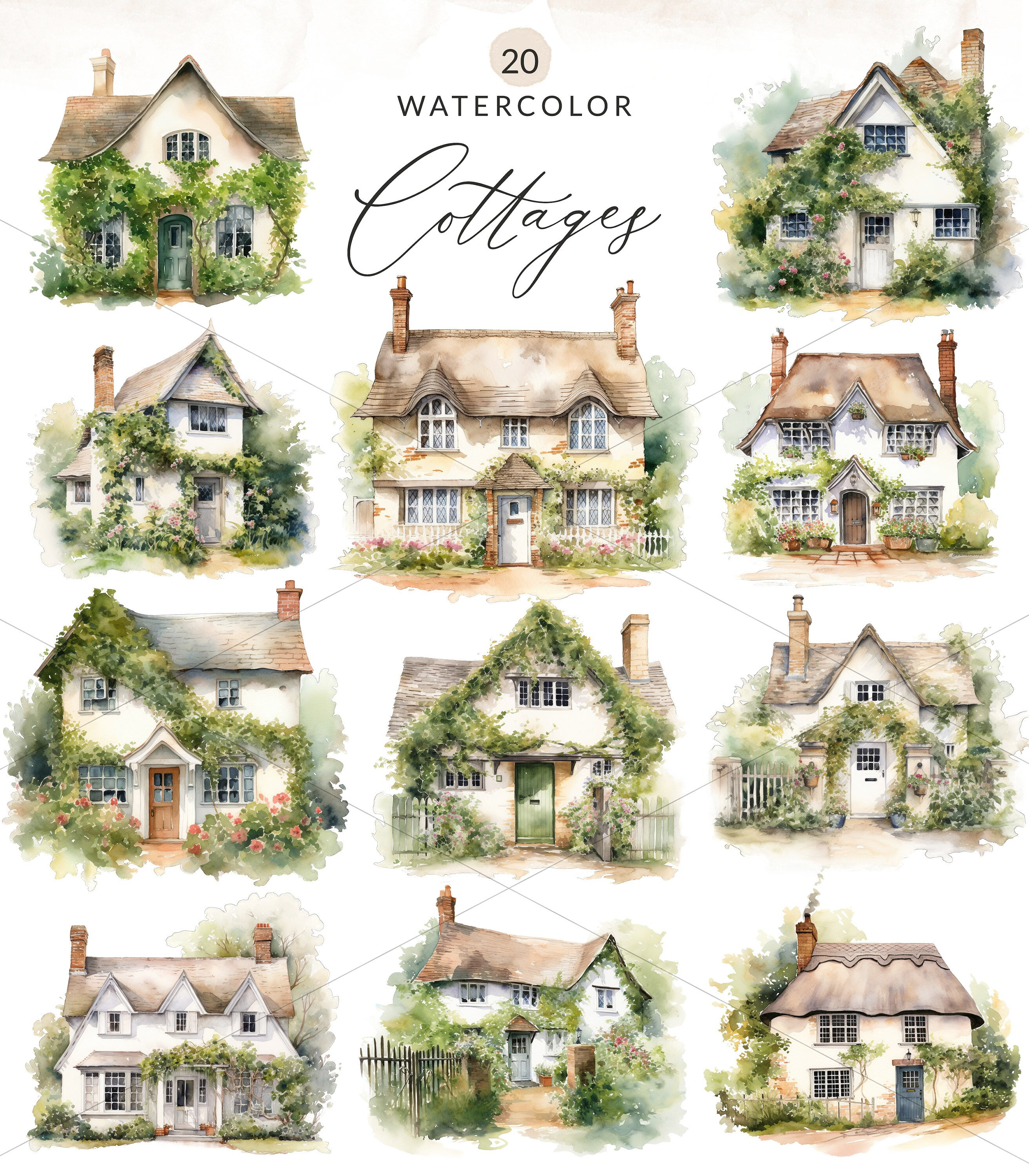 Whimsical Watercolor Cottages Clipart PNG Images, Watercolor Houses ...