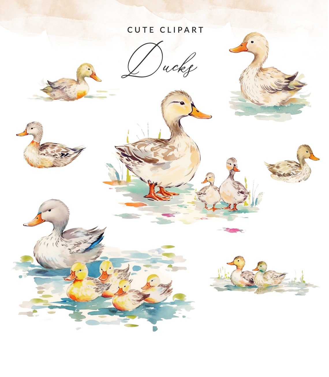 Cute Watercolor Ducks Clipart, Painted Ducks PNG, Duck Clipart, Duck ...