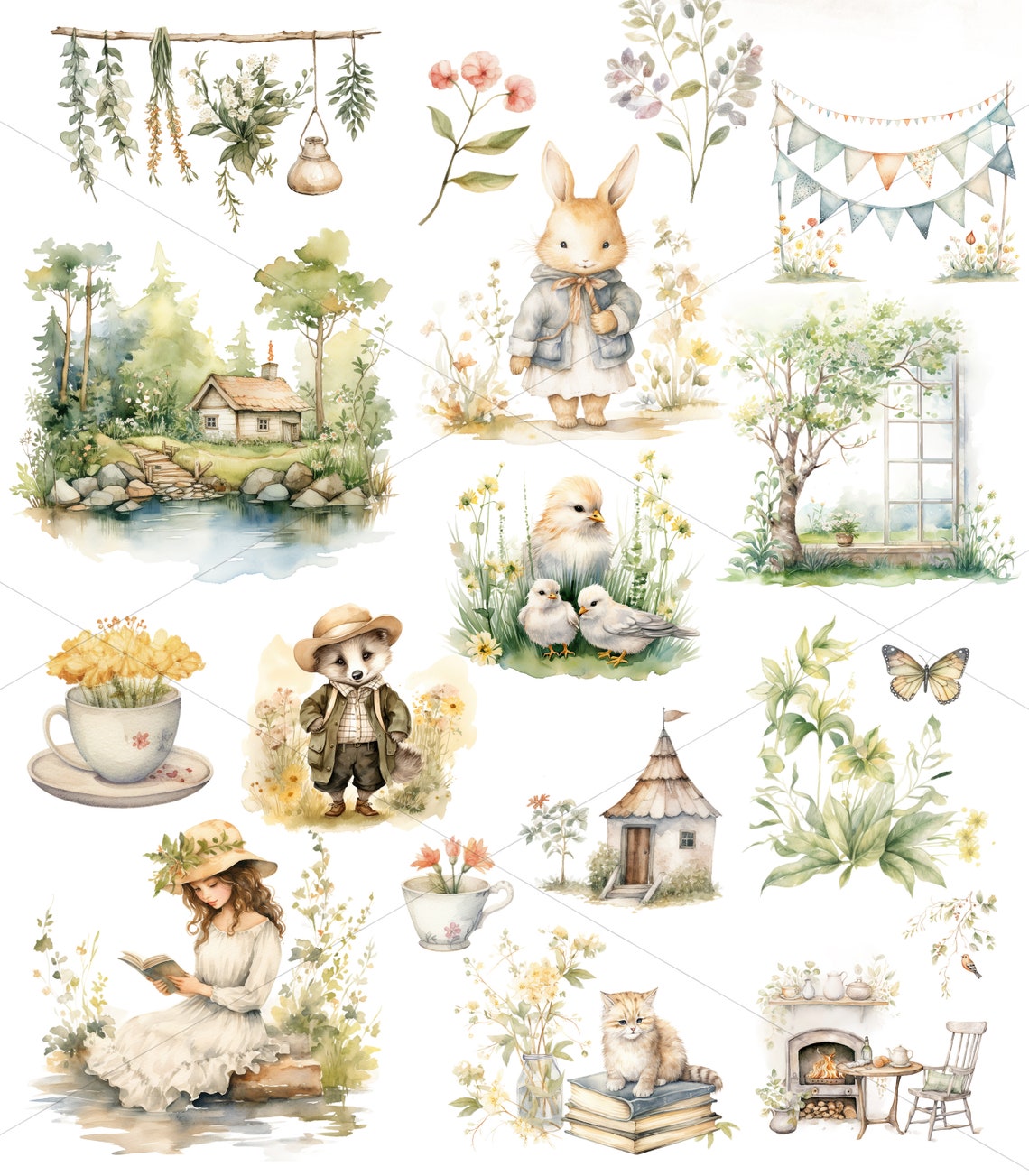 100 Cottagecore Clipart, Watercolor Cottagecore Clipart, Treehouse ...