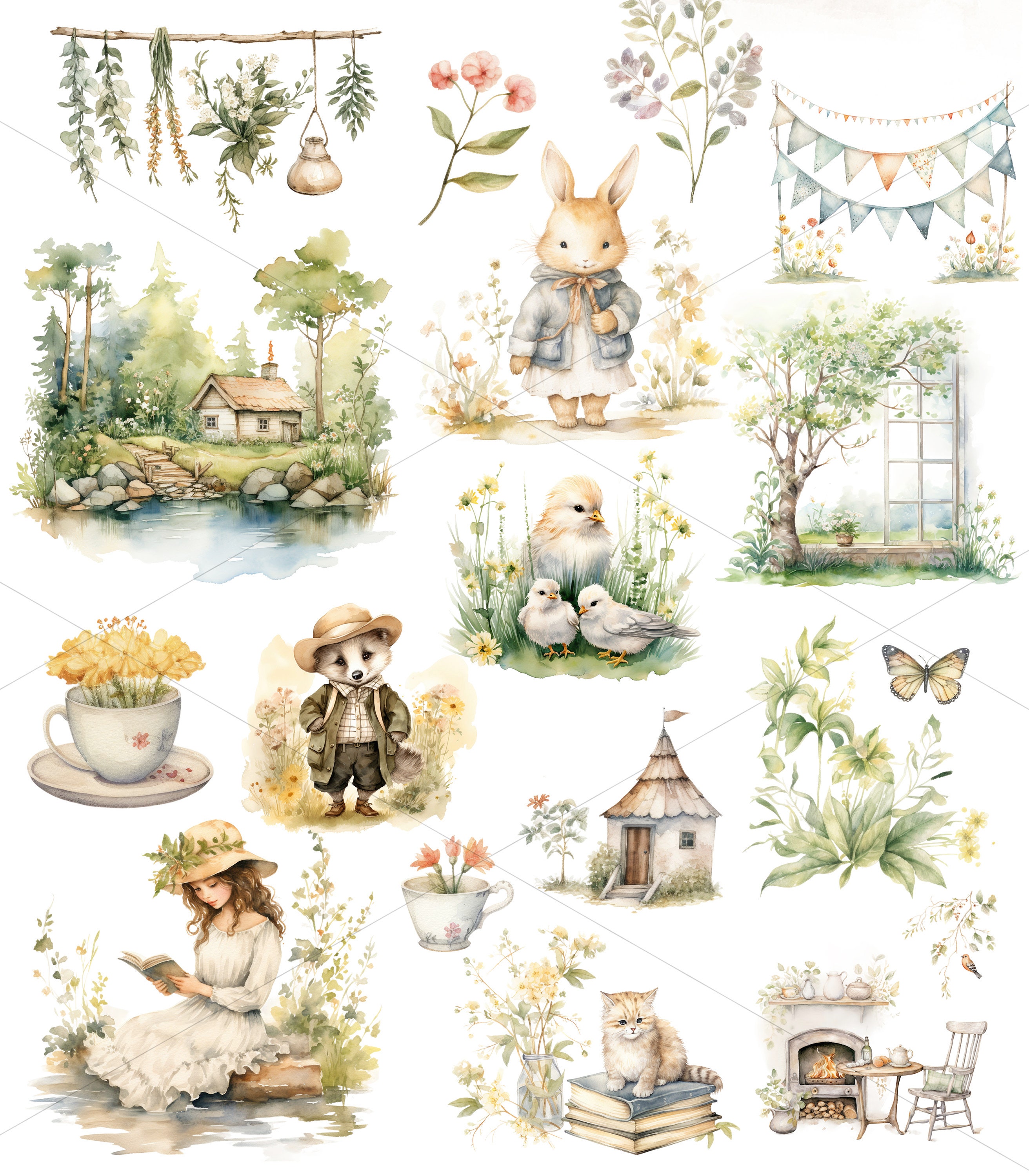 100 Cottagecore Clipart, Watercolor Cottagecore Clipart, Treehouse ...